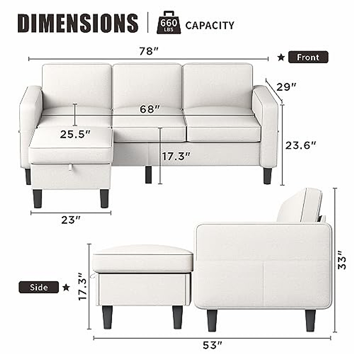Sunrise Coast Sectional L Shaped Couches for Living Room 3 Seater Sofas with Movable Storage Ottoman, Beige