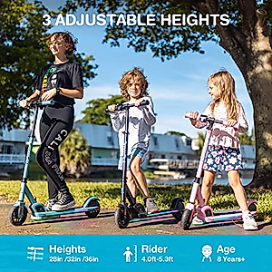 SmooSat PRO Electric Scooter for Kids Ages 8+ 130W, Colorful Rainbow Lights, 5/8/10 MPH, 60 min Ride Time, LED Display, Adjustable Height, Foldable E-Scooter for Kids and Teens, Black