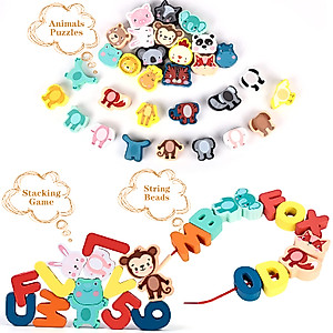 Atoylink 66 PCS Lacing Beads Montessori Toys for Toddlers with Lacing Board Wooden Primary String Threading Beads Animal Letters Numbers Lacing Toy Preschool Educational Toy for 3 4 5 6 7 8 Years Old