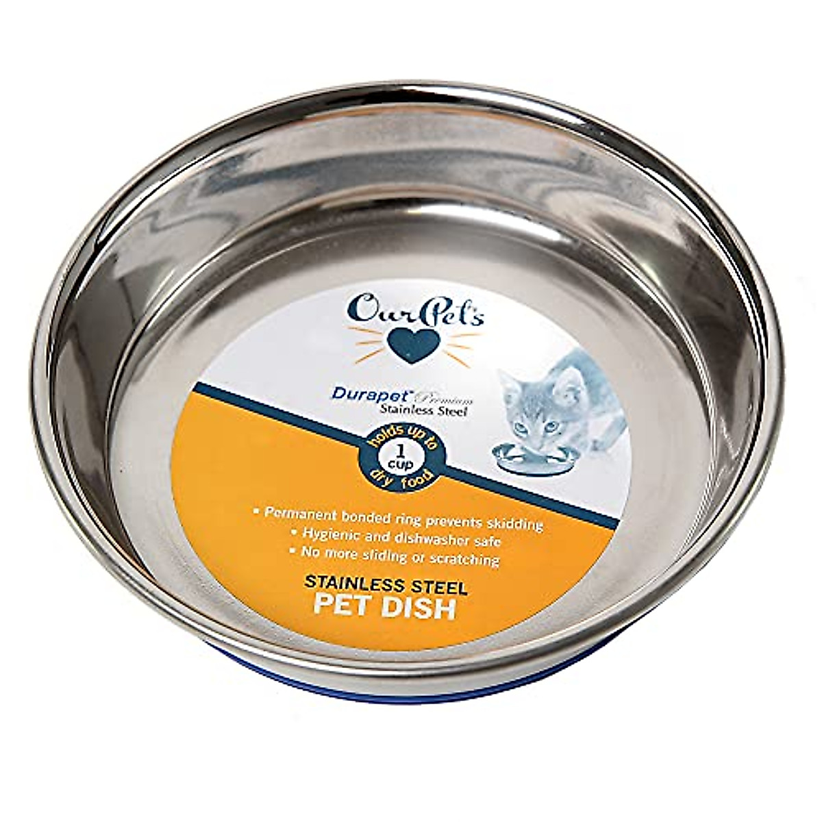 Our Pets DuraPet Stainless Steel Non-Slip (Cat Food Bowl or Water Bowl) [Holds up to 1 Cup of Dry Cat Food or Wet Cat Food] Easy to Clean (Stainless Steel , 1 Cup)
