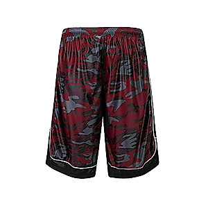 PRTCYPNT Men's 12'' Camo Basketball Shorts with Pockets Long Gym Athletic Shorts Running Drawstring Quick-Dry (Red/2, L)