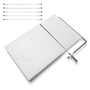 Cheese Slicer - Cheese Cutter with 5 Replacement Upgrade Thick Cutting Wires - Heavy Duty 5" x 8" Marble Board Cheese Slicer for Block Cheeses, Butter, Etc - Kitchen Gadget Cheese Slicer Tool - White