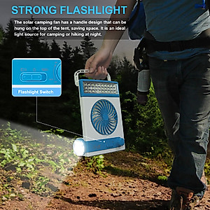 Ansee Solar Fan Camping Fan Cooling Table Fans 3 in 1 Multi-Function with Eye-Care LED Table Lamp Flashlight Torch Solar Panel Adaptor Plug for Home Use Camping (Blue)