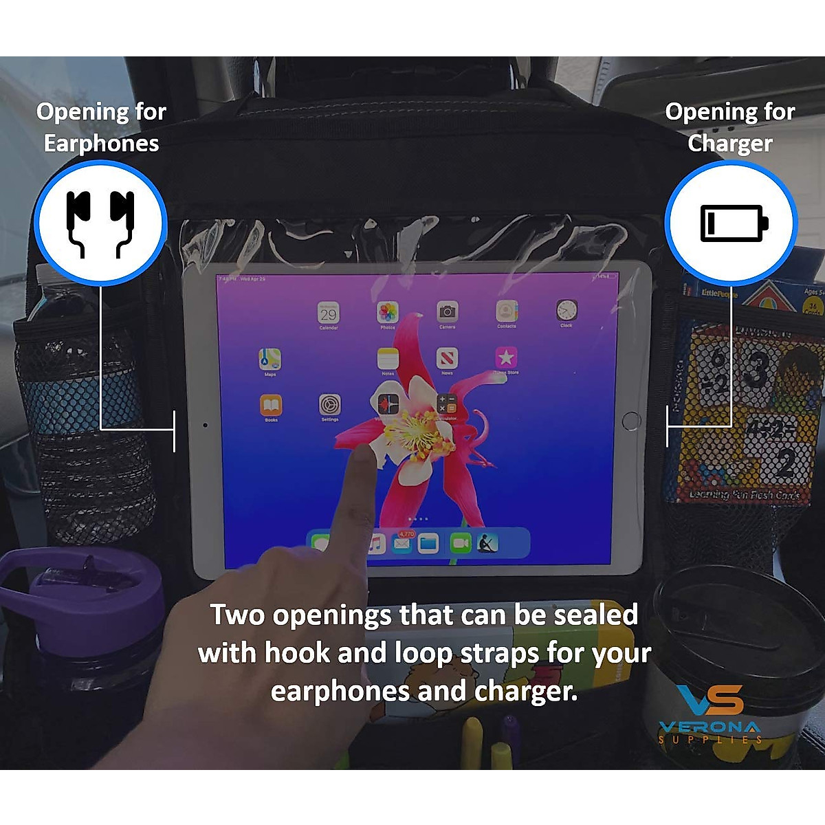 VERONA SUPPLIES Car Seat Organizer 2 Pack with Kick Mats - Muti-Pocket Back Seat Storage Bag with Touch Screen Tablet Holder, to Organize Toy, iPad, Bottle, Snacks, Books