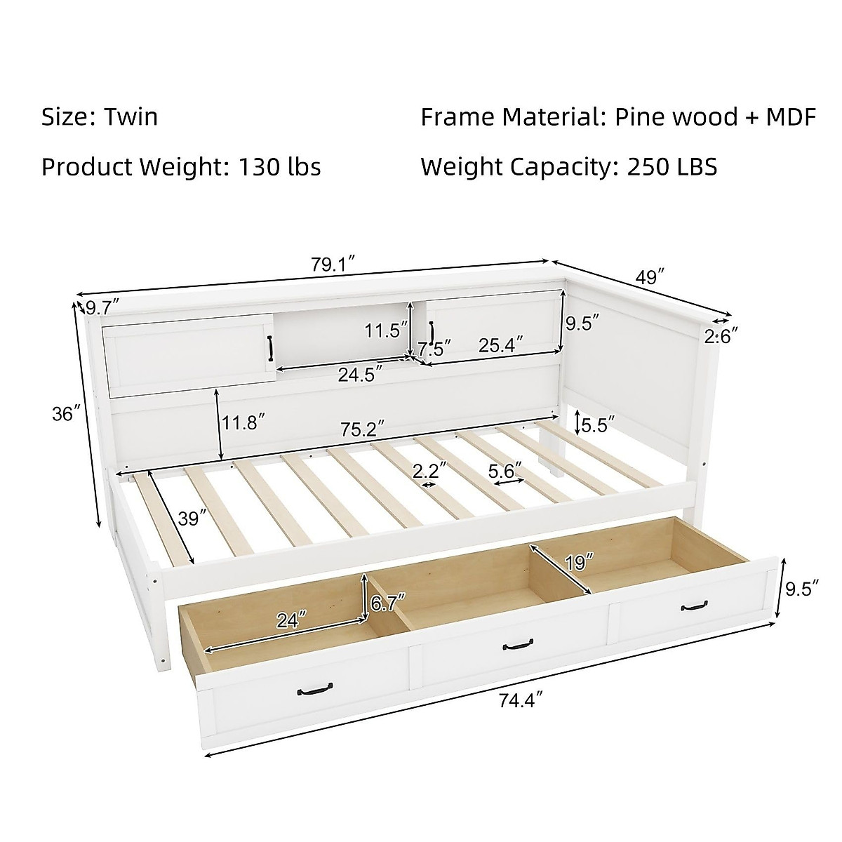 Merax Twin Size Corner Bed Frames with Storage Drawers and USB Port & Led Downlight Headboard, Wooden L-Shaped Captain Daybed for Small Room, Bedroom, Guest Room, Kids' Room, White