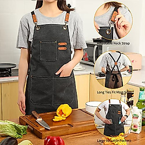 Tosewever Canvas Cross Back Chef Apron for Men Women with Adjustable Straps Large Pockets, Waterdrop Kitchen Heavy Duty Cotton Aprons for Tool Cooking BBQ Artist, M to XXL (Black)