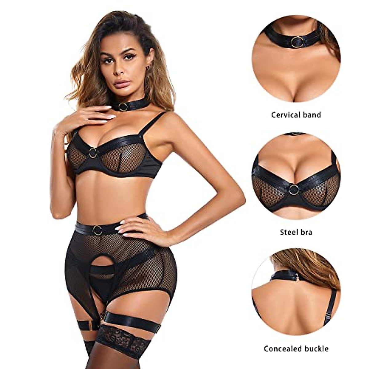 ADSEXY Women's Exotic Lingerie Sets Fishnet Latex Push Up High Waisted Garter Sexy Strappy Bodysuits 4 Pieces Naughty