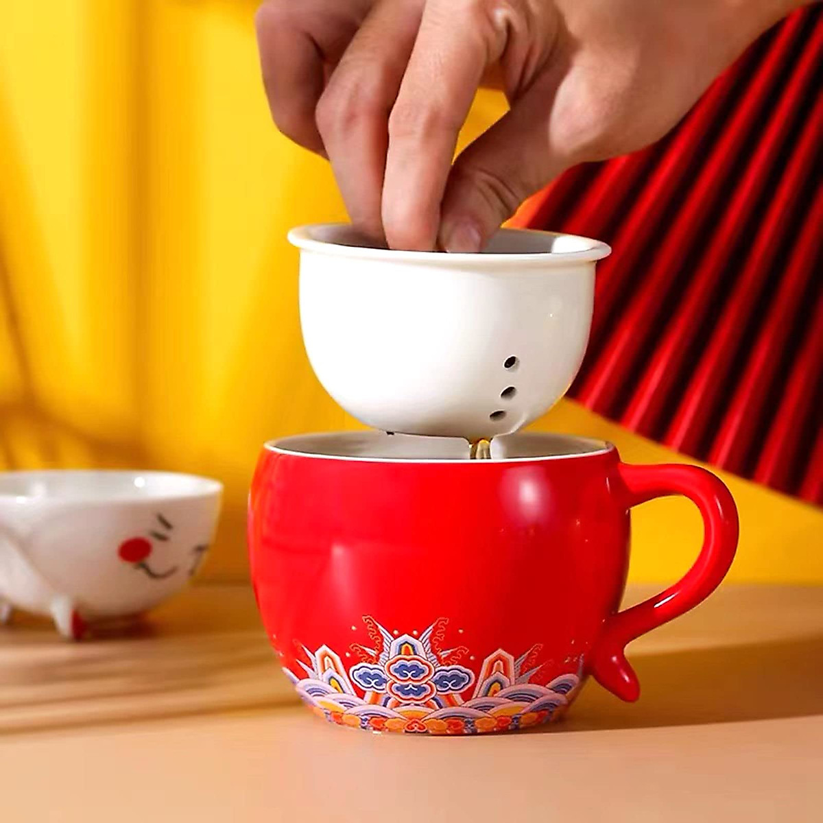 ARISKEY Ceramic Tea Mug with Infuser and Lid,Cute Cat Tea Cup with Filter for Steeping Loose Leaf, Handmade Porcelain Teacup, 3D Funny Novelty Mug for Home Office (Red)