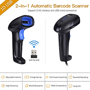 SHUAIGUO 2-in-1 2.4G Wireless Barcode Scanner & USB Wired Barcode Scanner Automatic Handheld 1D Bar Code Scanner Reader with Rechargeable Battery Mini USB Receiver USB Cable for Computer Laptop