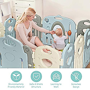 Costzon Baby Fence 14-Panel Baby Playpen, Kids Portable Play Yard Indoor Outdoor w/Walk-Through Locking Door, Game Panel, Non-Slip Rubber Bases, Adjustable Shape for Children Toddlers