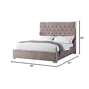 Best Master Furniture Natasha Velour Tufted Transitional Glam Platform Bed, California King, Light Grey
