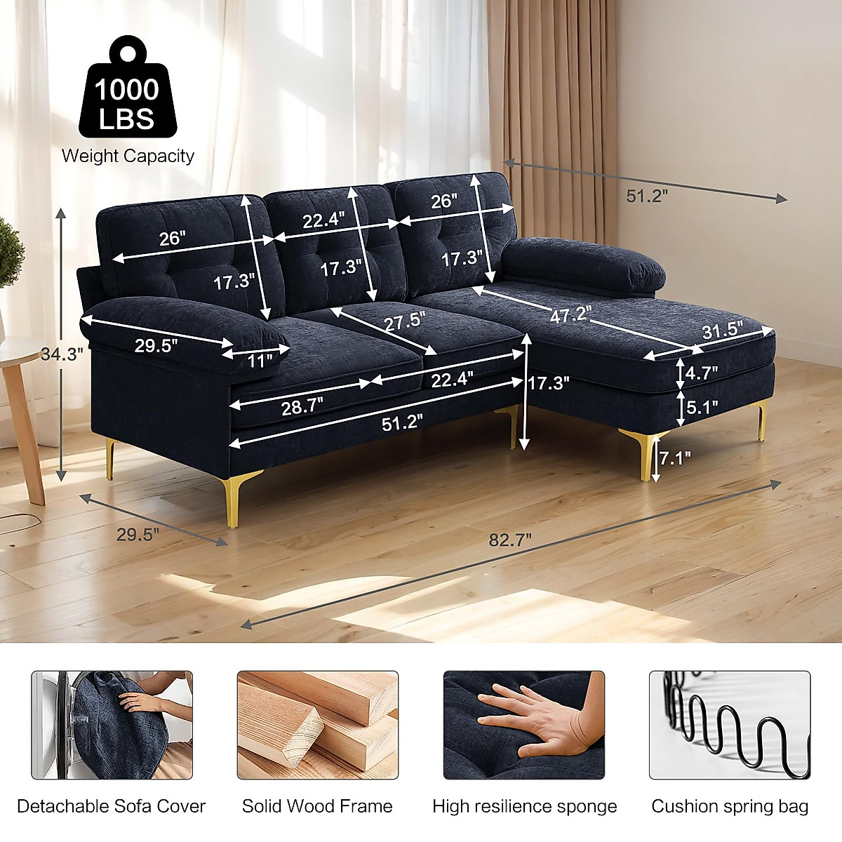 EASELAND 82" L-Shape Sofa with Reversible Chaise Lounge, Convertible Sectional Sofa Couch, Chenille Modern Sofa Couch for Living Room, Apartment and Office, Removable Cover (Dark Blue)