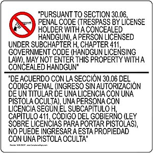 ComplianceSigns.com Texas 30.06 Concealed Carry Bilingual Window Cling, 24" x 24"
