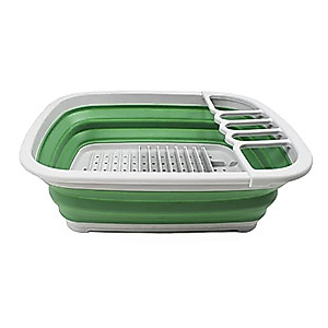 SAMMART 8L (2.11Gallons) Collapsible Plastic Dish Drainer - Foldable Drying Rack - Portable Dinnerware Organizer - Space Saving (Grey/Dark Sea Green, 1)