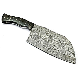 CK-104 Hand Forged 224 Layers Damascus Steel Chef's Cleaver Full Tang Horn Handle, Sharp Blade With Leather Sheath