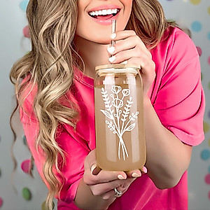 Cute Glass Cups with Lids and Straws, Aesthetic Iced Coffee Cup, Flower Mugs, Personalized Tumbler with Straw, Birthday Gifts for Women Friend Sister Her Coffee Lover Bridesmaid Stuff Christmas