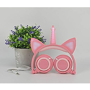 Olyre Cartoon Cute Headphones Wired 3.5mm Jack Light Up Flashing LED Unicorn Headphones Folding Adjustable On Ear Earphones for Women Girls Boys Children Kids Toddler School Birthday