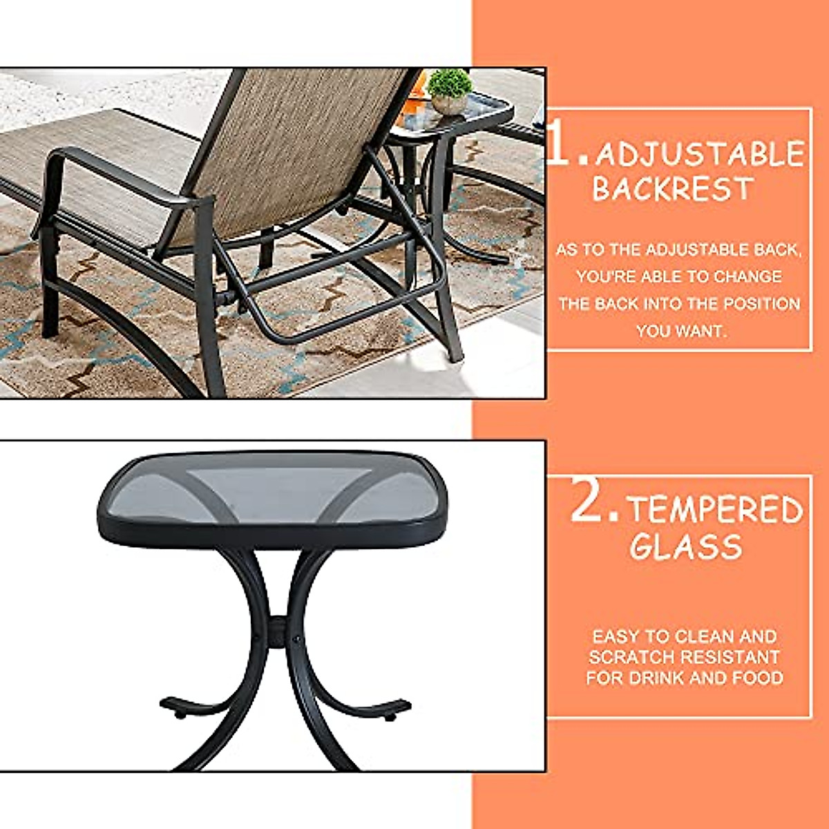 LOKATSE HOME Outdoor Patio Adjustable Metal Chaise Lounge Chair Recliner Set of 2 with 1 Glass Top Bistro Table, Grey