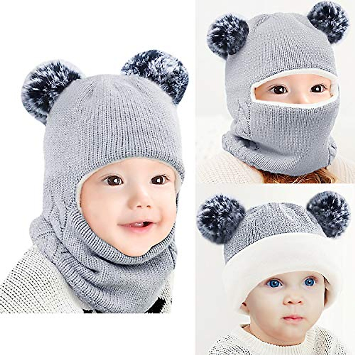 Bienvenu Baby Boy Girl Winter Hat, Kids Earflap Hat with Scarf, Toddler Fleece Beanie Cap Balaclava, Gray