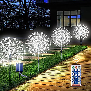 Fireworks Lights USB-C Charge 50 Copper Wire ,4 Pack Solar Garden Lights 200 LED Outdoor WaterproofRemote Control,8 Modes DIY Landscape Lights for Walkway Pathway Backyard Lawn(White)
