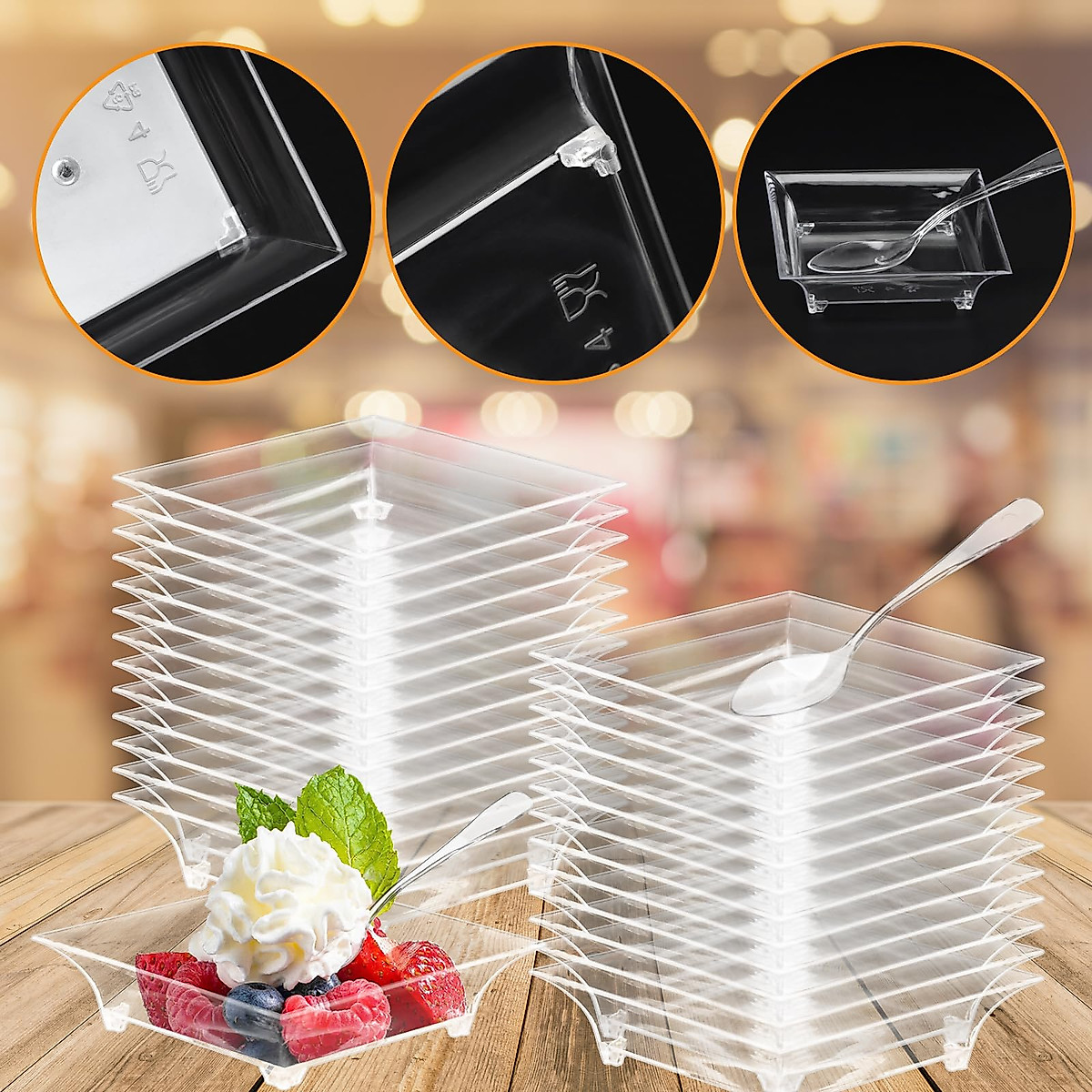 GothaBach 100 Sets 2.4'' Mini Dessert Plates with Tasting Spoons, Clear Disposable Mini Plastic Tray, Mini Square Plastic Dish for Sauce, Dessert, Fruit or Appetizer