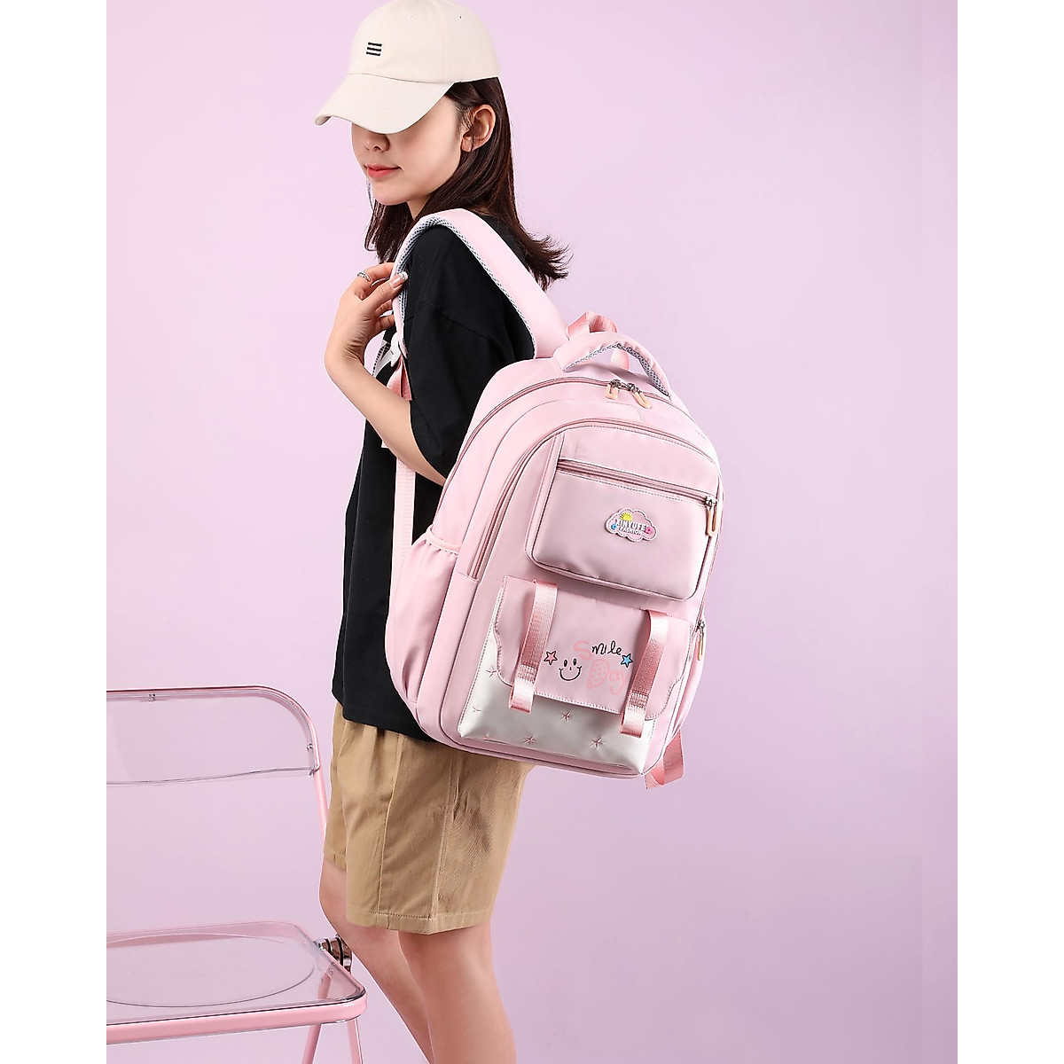 Makukke Backpack for Girls Kids, Cute Kawaii School Bag Lightweight Bookbag Backpack for Middle & High School with Anti Theft Pocket, Pink Backpack