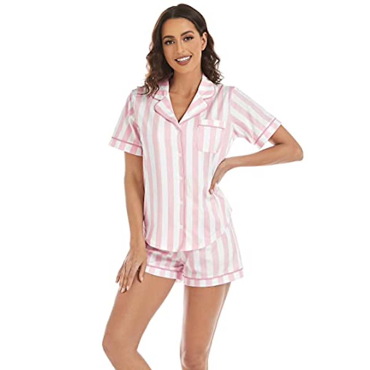 LUBOT 100% Cotton Women's Pajamas Set Short Sleeve Button-Down Shirt PJ Two-piece Set Printed Patterned Summer Night Suit Sleepwear Loungewear (Stripe, M)