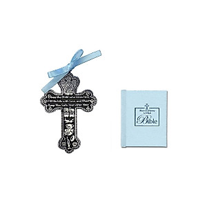 Baby Boy's First Little Bible & Crib Cross Gift Set - Bless This Child - Baptism Christening Boxed Blue Ribbon