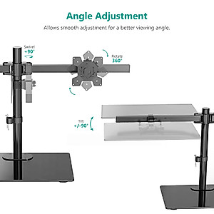 WALI Free Standing Dual Monitor Stand, Height Adjustable Monitor Mount with Glass Base, Fits LCD LED Flat Curved Screen up to 27 inch, 22lbs, with Grommet Base (GMF002)