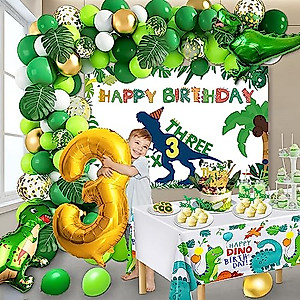 Three Rex Birthday Party Decorations Boy, 3rd Dinosaur Birthday Decorations with 3 Rex Birthday Backdrop Dinosaur Balloon Kit Tablecloth and Cake Toppers for Dino Birthday Decorations for Boys