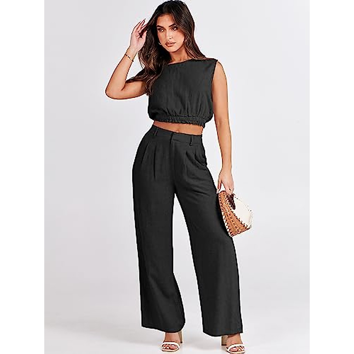 ANRABESS Two Piece Outfits for Women Cruise Resort Wear 2023 Sexy Summer Vacation Sleeveless Linen Crop Top Casual Matching Lounge Sets Comfy Tracksuits Long Pants Jumpsuits Cute Clothes A1102heise-M