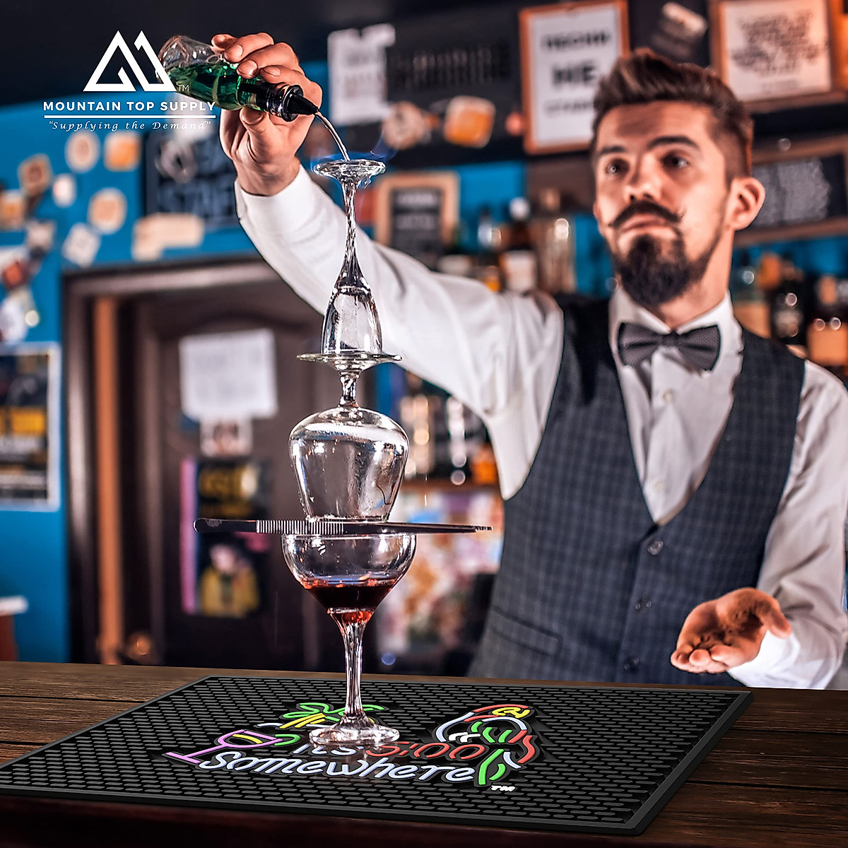 Ultra High Quality Bar Mat - "It's 5:00 Somewhere" 12 x 18 Inch Rubber Bar Mat; Entertaining and Vibrant Bar Mat for Home Bar; Durable Bar Mats for Countertop; Drying Mat for Kitchen Counter