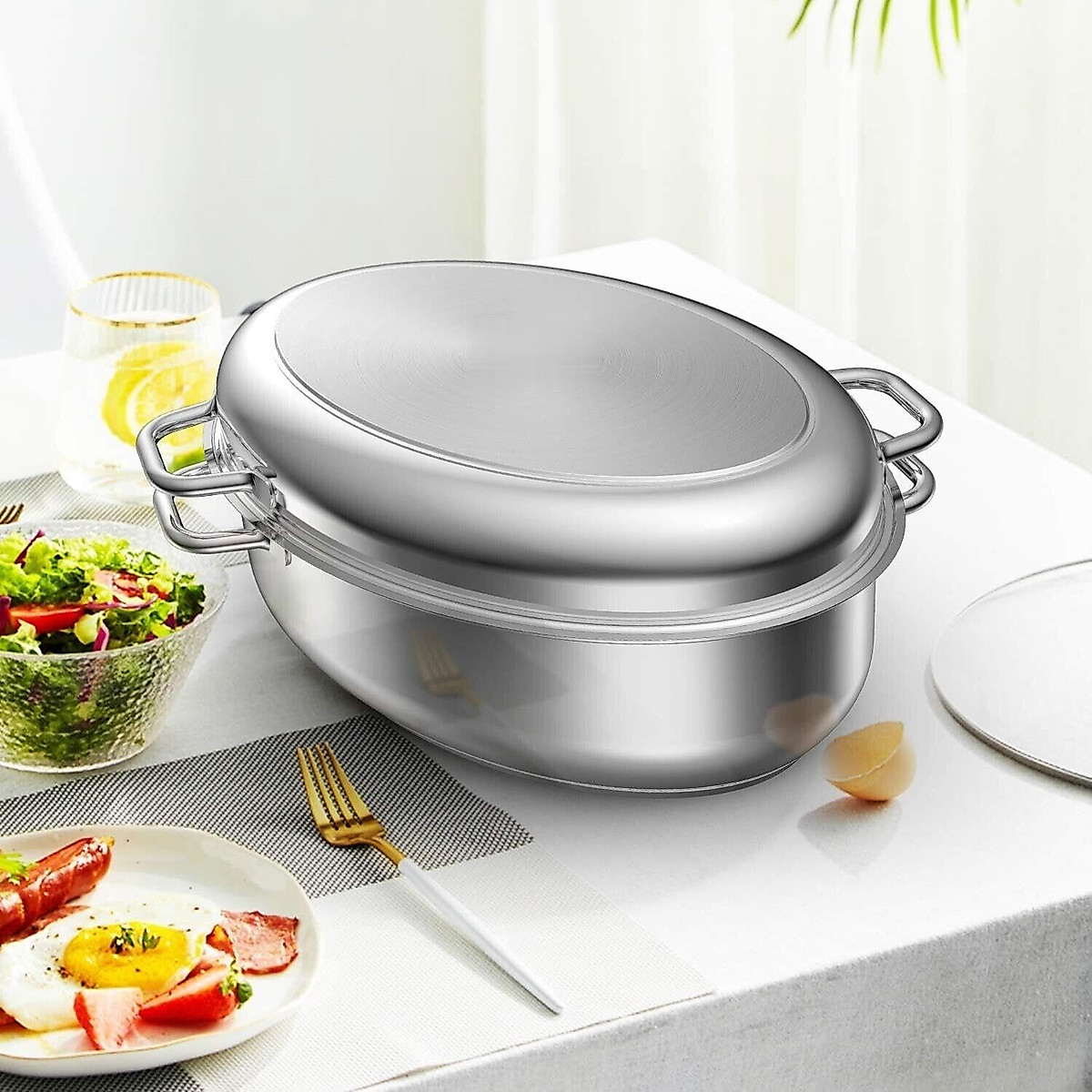 Roasting Pan with Rack and Lid 12 Quart 18/10 Stainless Steel 17 Inch Roaster