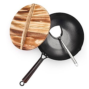 Kordisen Carbon Steel Wok Pan with Lid, 12.6inch Flat Bottom Wok, Woks & Stir Fry Pans for Induction, Electric, Gas Stoves, No Chemical Coated Chinese Wok