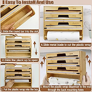 Foil and Plastic Wrap Organizer, Paper Towel Holder Wall Mount, 5 in 1 Plastic Wrap Food Dispenser with Cutter for 12" Wax Paper Parchment Roll Aluminum Foil Dispenser for Kitchen Organization Storage