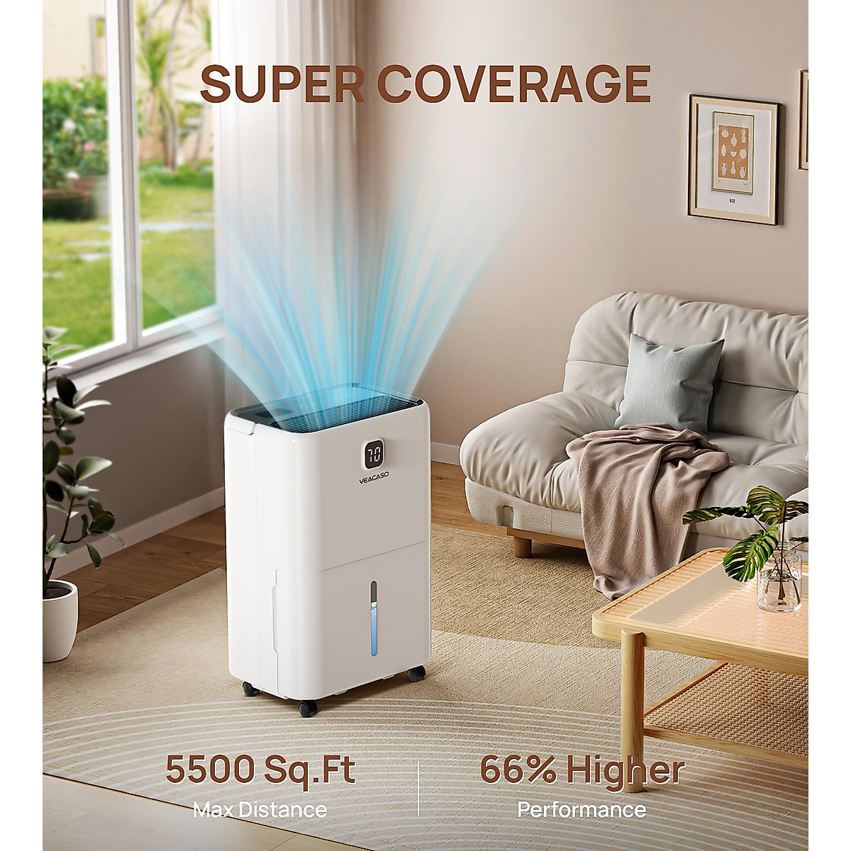 5,500 Sq. Ft Dehumidifier for Basement, VEAGASO 80 Pints Dehumidifiers for Home, Large Room, Bedroom with Drain Hose, Intelligent Humidity Control, Auto Shut Off, Auto Defrost, 1.37 Gal Water Tank