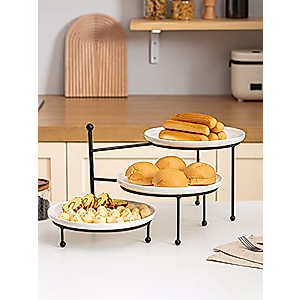 Kanwone 3 Tiered Serving Stand with White Porcelain Plates, Swivel Food Display Stand, 10" x 10" Tier Serving Trays with Black Metal Stand for Entertaining, 3 Tier Dessert Stand