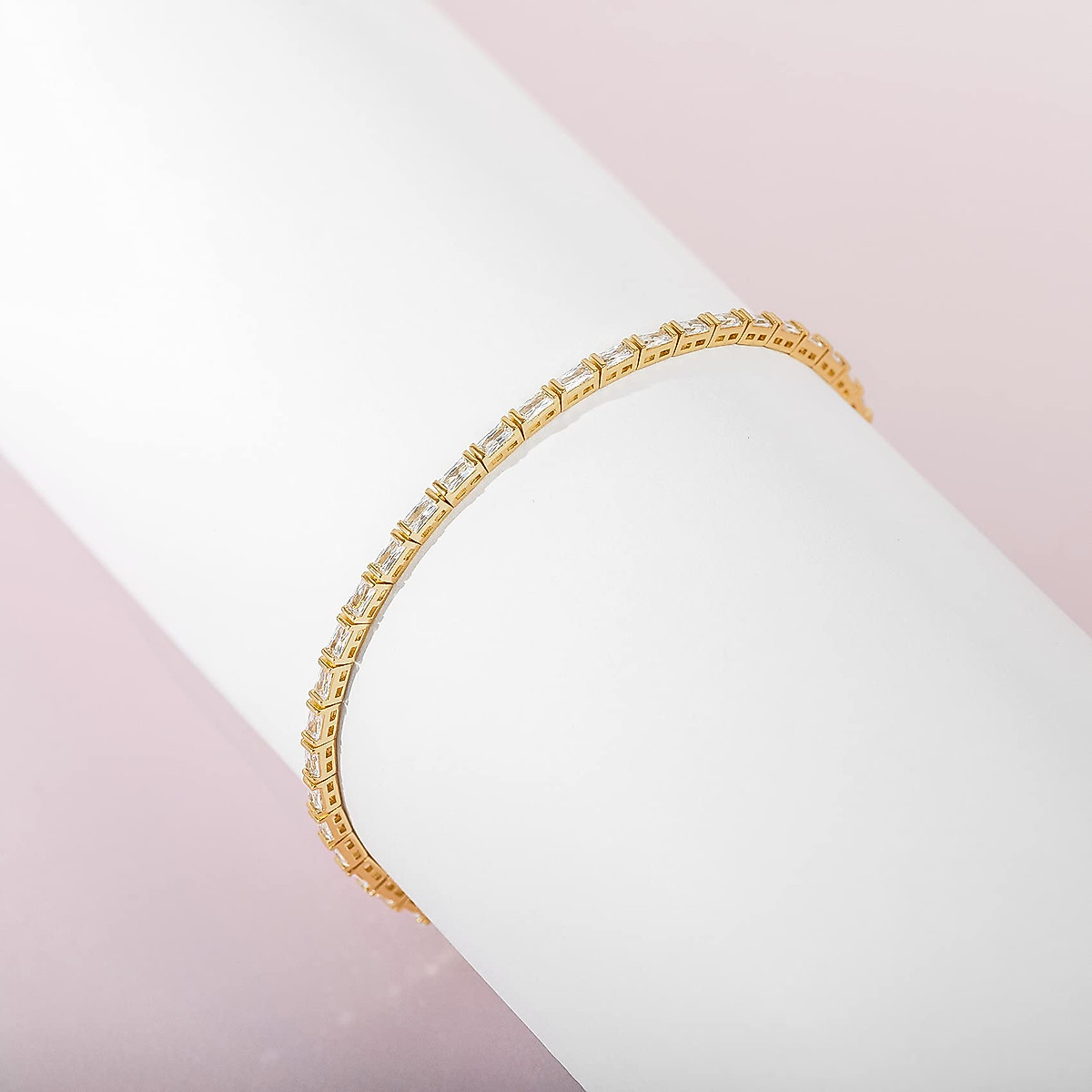 PAVOI 14K Yellow Gold Plated CZ Tennis Bracelet For Women | Classic Emerald Cut Simulated Diamond Bracelet | 7 Inches