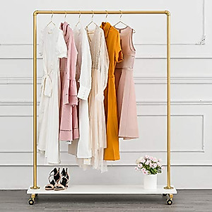 BOSURU Modern Rolling Clothing Rack on Wheels Industrial Pipe Clothes Rack with Wood Shelf Heavy Duty Metal Garment Rack for Laundry Room, Retail Store Gold 47" L