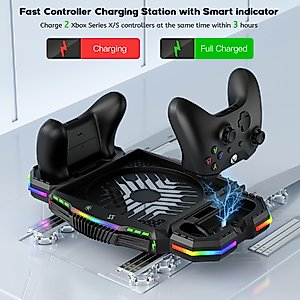Cooling Fan Charging Stand for Xbox Series X Console and Controller - Vertical Cooler System & Charger Station with 15 RGB Light Modes, 2 Batteries and 3 Holders for Xbox Series X Accessories Storage