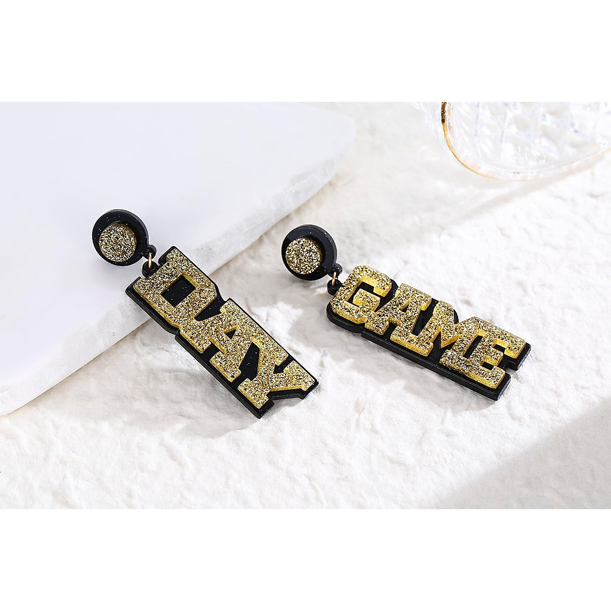 Game Day Earrings For Women, Acrylic Football/Rugby/Baseball/Basketball/Volleyball Team Sports Cheer Gifts Long Dangle 2023 Lightweight Hypoallergenic Jewelry (Black+Gold)