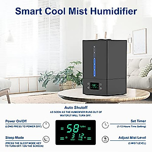 6L Humidifiers for Bedroom Large Room, Cool Mist Humidifiers for Baby Nursery Plants with Essential Oils Diffuser, 360°Rotatable Double Spray Outlet Nozzle, Auto-Shut Off, Sleep Mode, Quiet, Top Fill Ultrasonic Smart Control, Easy to Clean