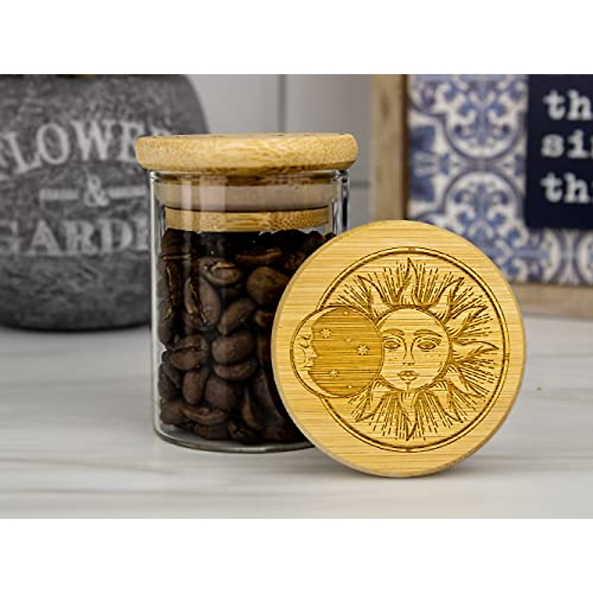 Sun and Moon 60ML Glass Food Storage Container and Decorative Engraved Air Tight Bamboo Lids Multi-Use Jar Herbs, Coffee, Tea, Sugar, Candy Apothecary Accessories for The Bedroom Kitchen Pantry