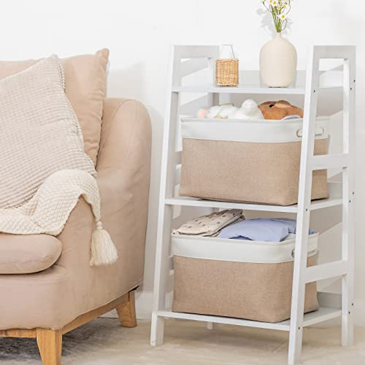 Araierd Storage Baskets for Organizing, Fabric Closet Baskets,Foldable Decorative Baskets for Organizing(15" x 11" x 9.5" -Pack of 4)(White & Khaki)