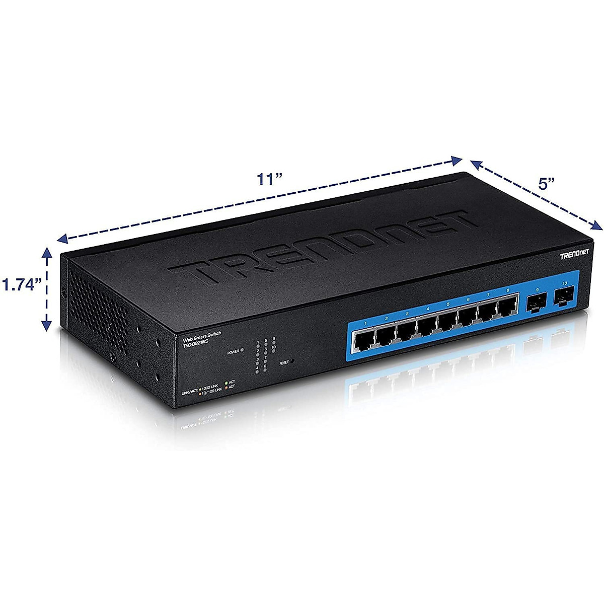 TRENDnet 10-Port Gigabit Web Smart Switch, 20 Gbps Switching Capacity, 8 x RJ-45 Ports, 2 x SFP, Slots, VLAN, QoS, LACP, IPv6 Support, Fanless, Rack Mountable, Lifetime Protection, TEG-082WS Black