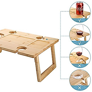 Peohud Portable Wine Picnic Table, Foldable Champagne Picnic Snack Table Tray, Wooden Outdoor Picnic Table with Glass Holder for Park, Beach, Camping, Bed, Wine Lover Gift