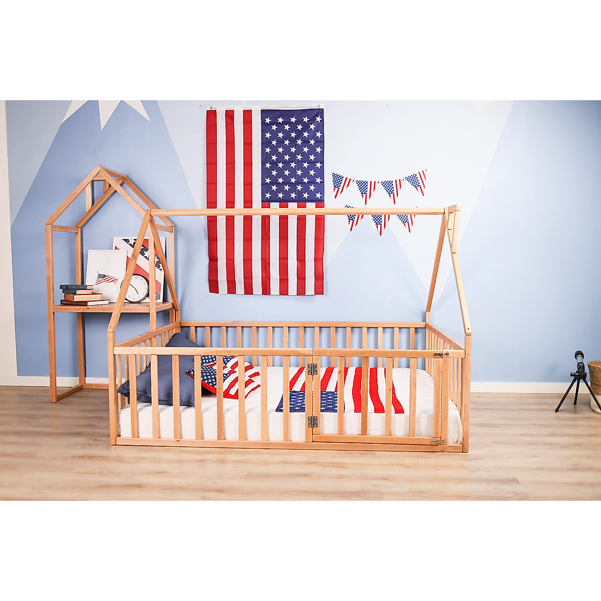 BUSYWOOD House Wooden Playpen - Montessori Floor Bed with Safe Gate - Toddler Bed - Floor Bed - Frame with Fence and Door - Toddler Bedroom Furniture - Full, Twin, Queen, King size (Model 6)