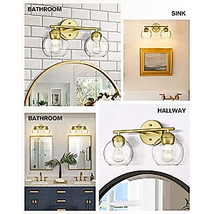 Emak 2-Light Gold Bathroom Light Fixtures Over Mirror, Globe Bathroom Vanity Light with Clear Glass Shades and Gold Finish, VL114-GD-2
