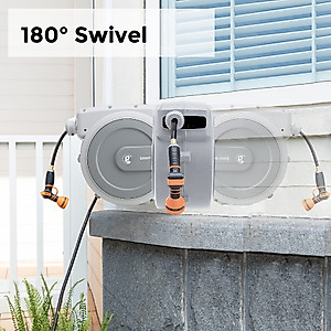 Giraffe Tools Retractable Hose Reel 5/8 inch x 90 ft Wall Mounted Water Hose Reel Heavy Duty with Automatic Rewind, 180 Deg Swivel Bracket, Any Length Lock, 9 Pattern Hose Nozzle Light Grey
