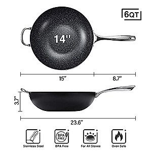 CSK Stir Fry Pan - Wok Pan with Lid, Nonstick Frying Pan with Ergonomic Handle and Flat Bottom, APEO & PFOA-Free Stone-Derived Non Stick Coating,14inch, Black & Gray Black(14 inch)